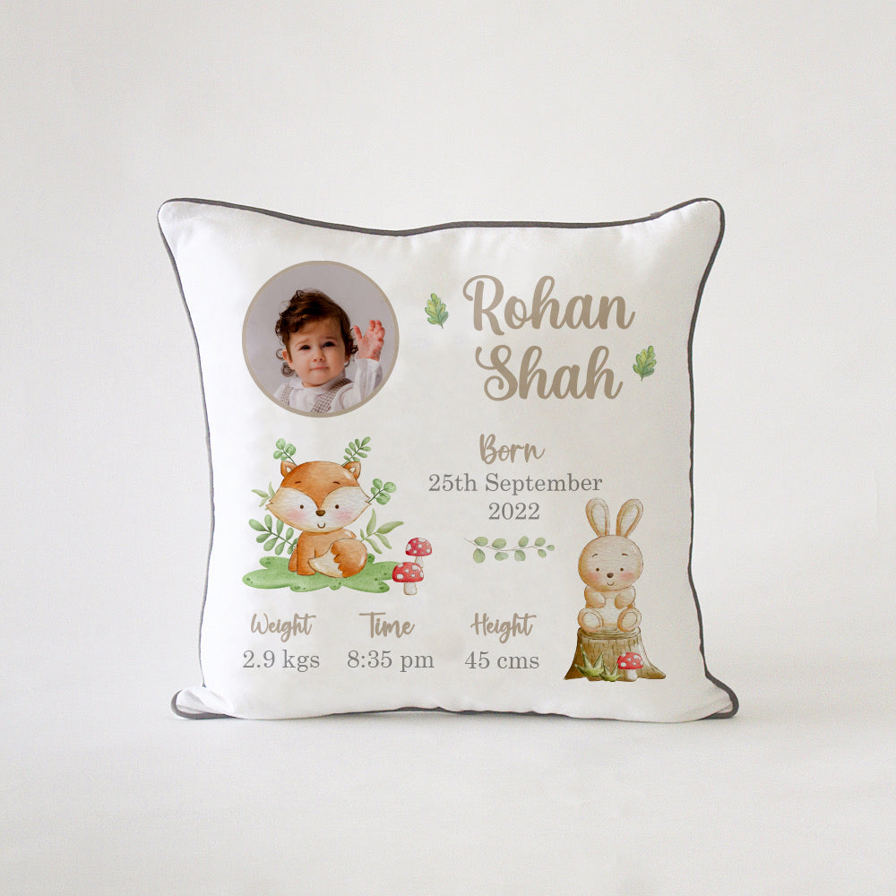 Birth Statistics Cushion - Woodland – The Tiny Trove